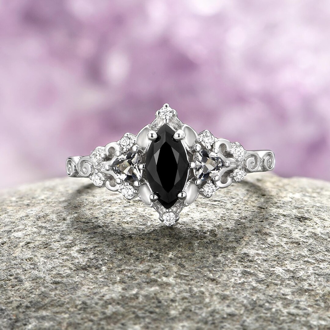 Elain Black Diamond Ring- 925 Sterling Silver Black Onyx Leaf Engagement Ring- Gothic Fairy ...