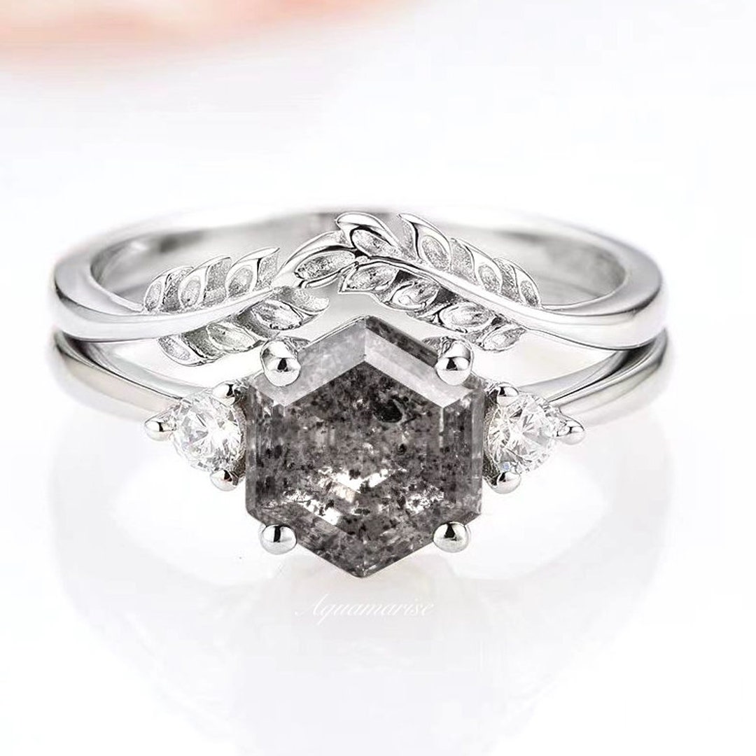 Galaxy Raw Salt and Pepper Diamond Ring- Hexagon Diamond Engagement Ring Set- Unique Bridal ...