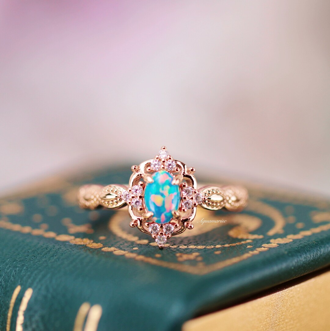 Vintage Blue Fire Opal Engagement Ring for Her 14K Rose Gold Vermeil Promise Ring Nature ...