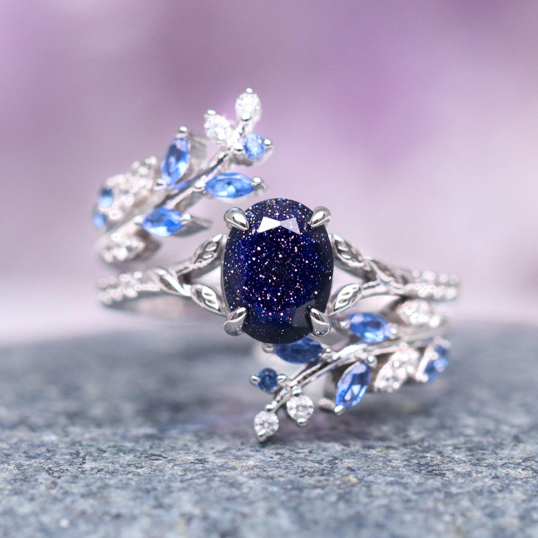 Starry Night & Sapphire Leaf Engagement Ring Set- 925 Sterling Silver ...