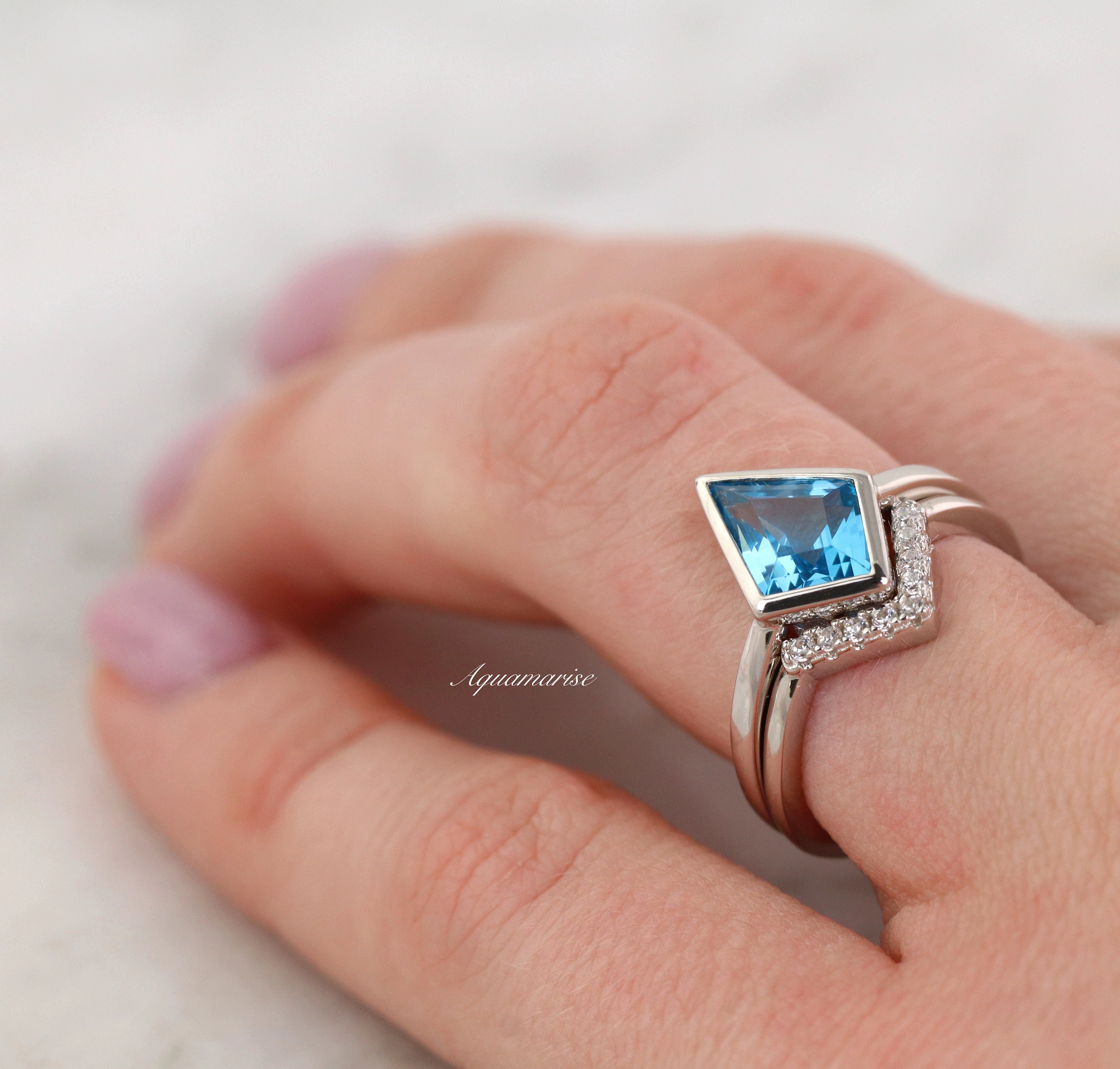 Kite Shape Swiss Blue Topaz Ring Set Topaz Engagement Ring - Etsy