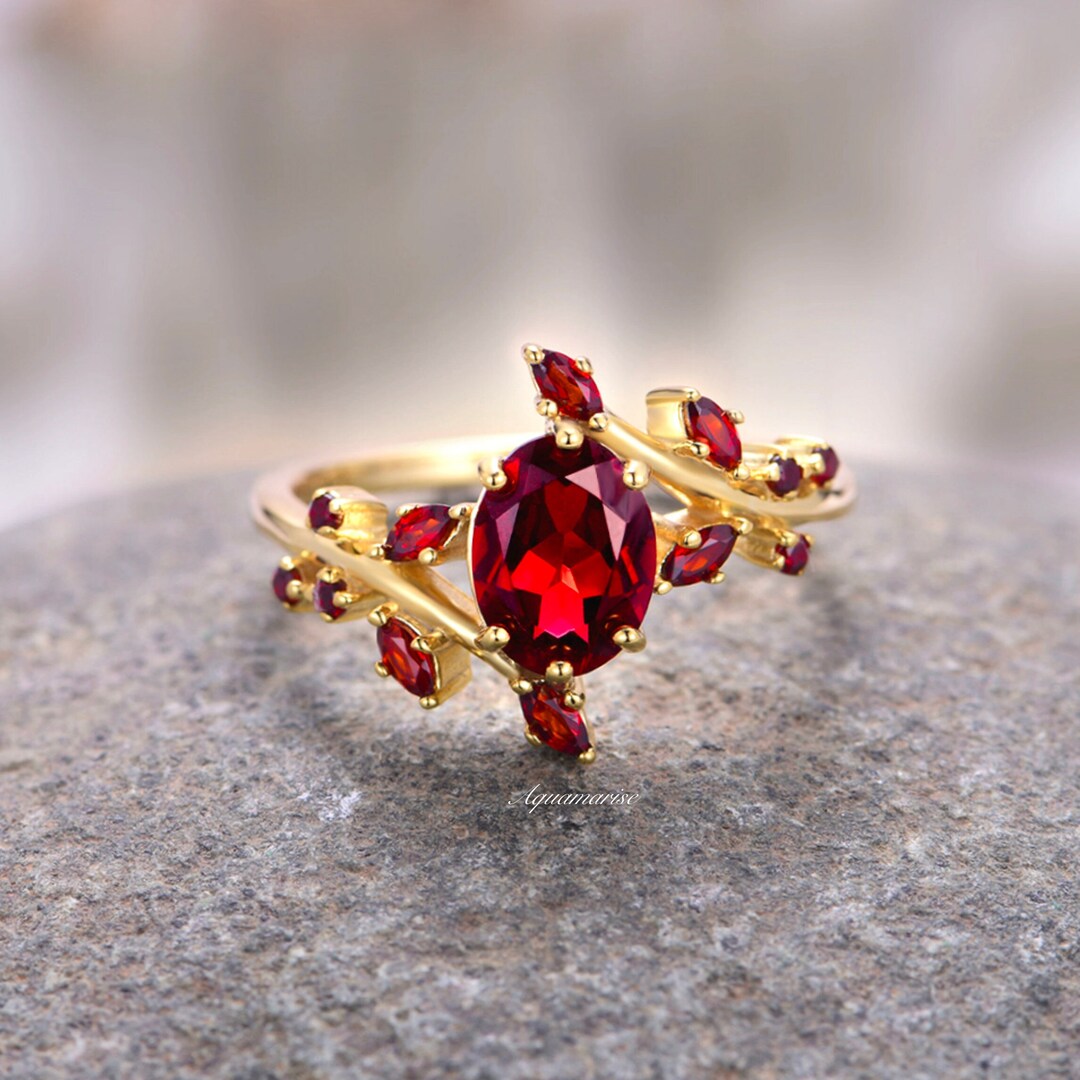 Natural Red Garnet Leaf Ring- 14K Yellow Gold Vermeil Engagement Ring ...