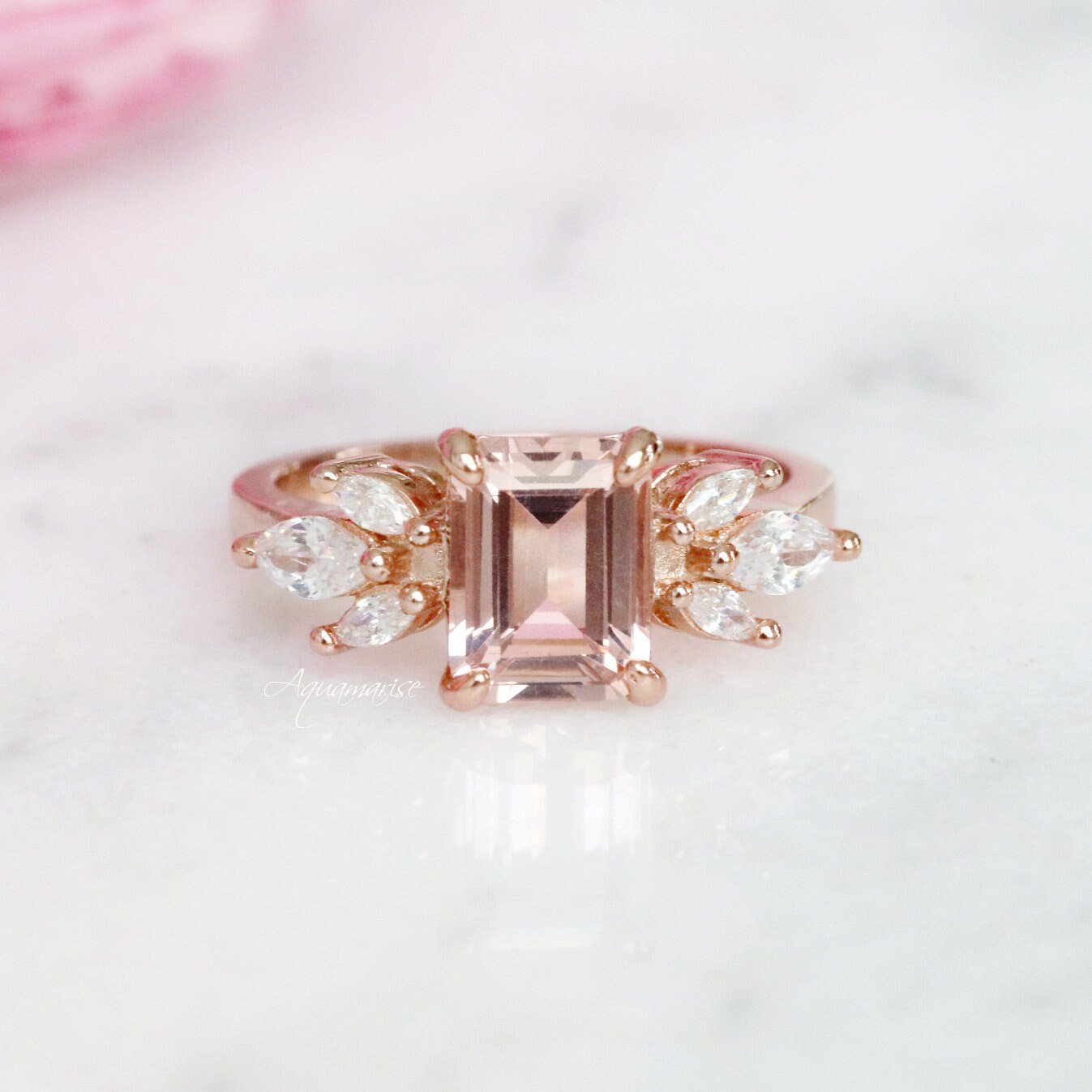 Eva Morganite Ring 14K Rose Gold Vermeil Ring Emerald Cut | Etsy