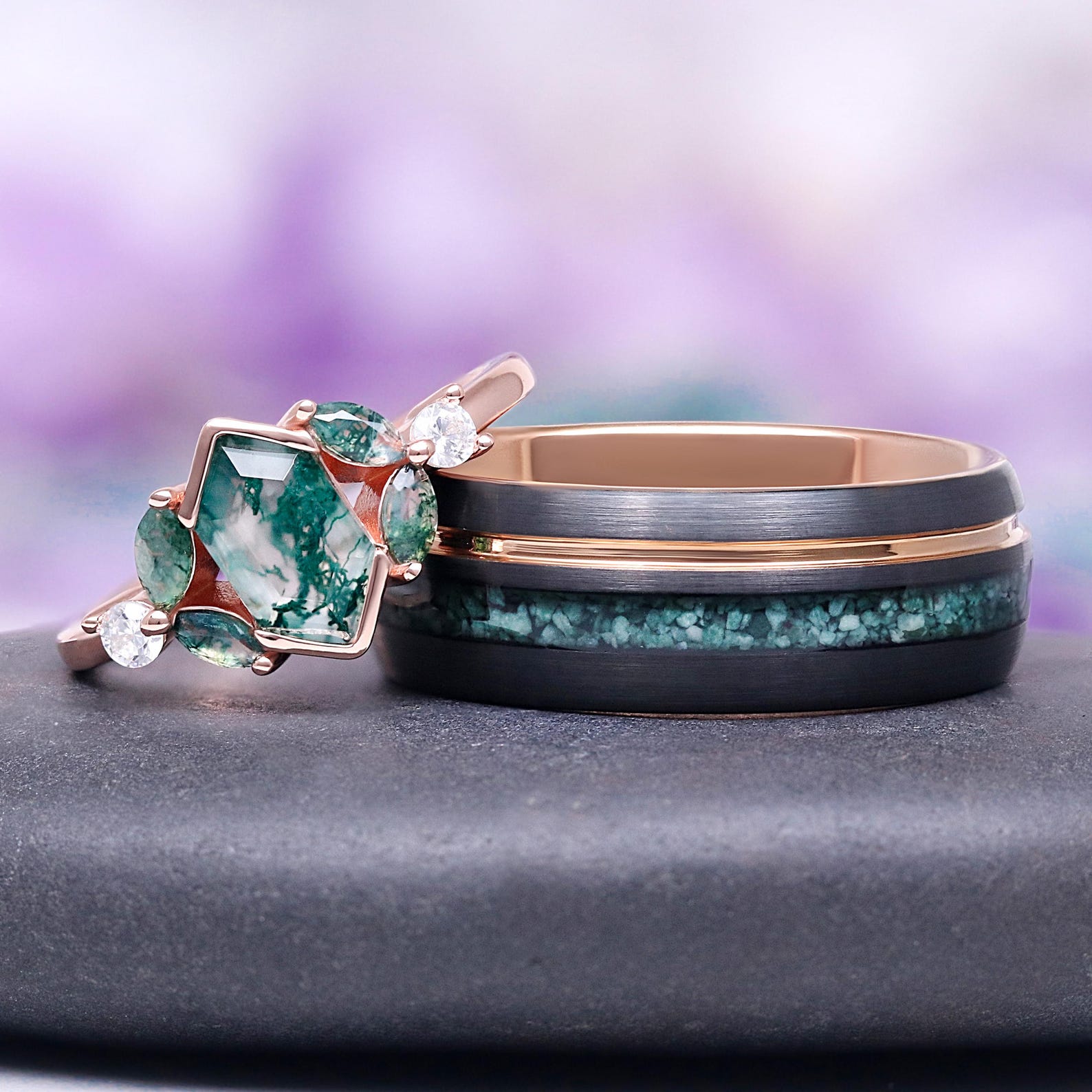 Green Moss Agate Couples Ring Set- His and Hers Nature Wedding Band 14K ...
