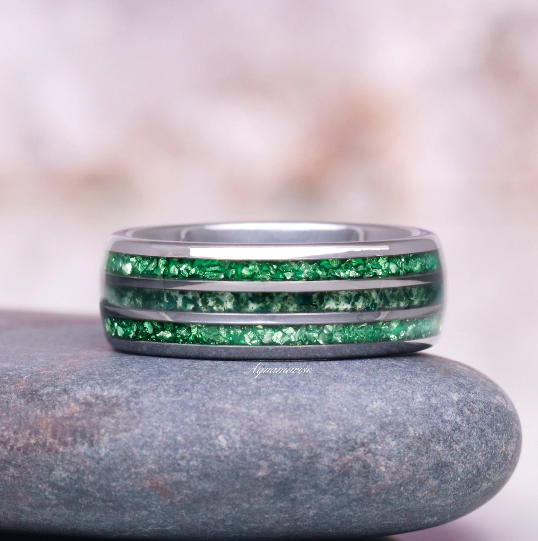 Green Moss Agate & Crushed Emerald Men's Wedding Band- 8mm Tungsten ...
