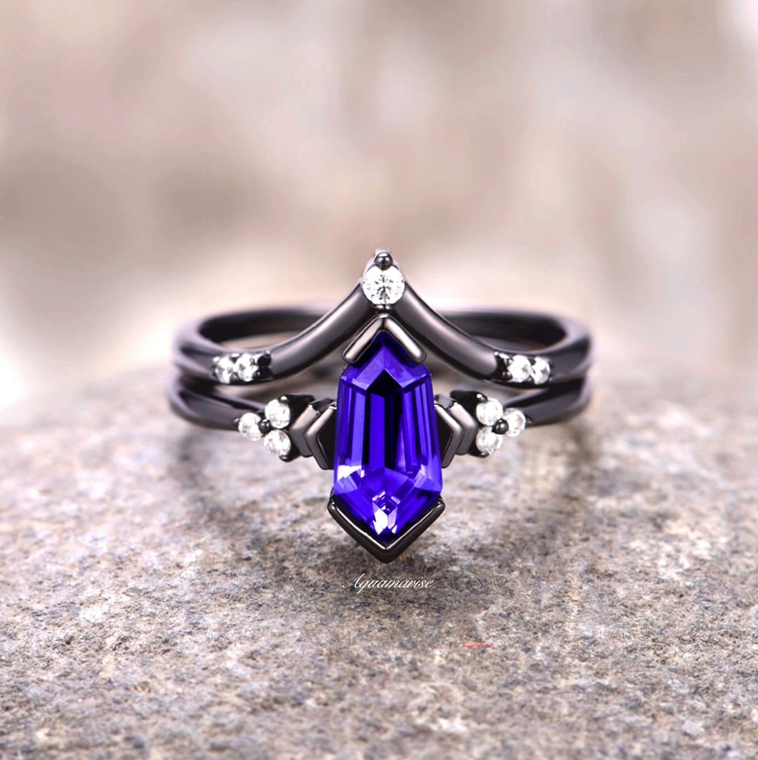 Coffin Cut Tanzanite Ring- Black Rhodium Filled Sterling Silver Purple ...