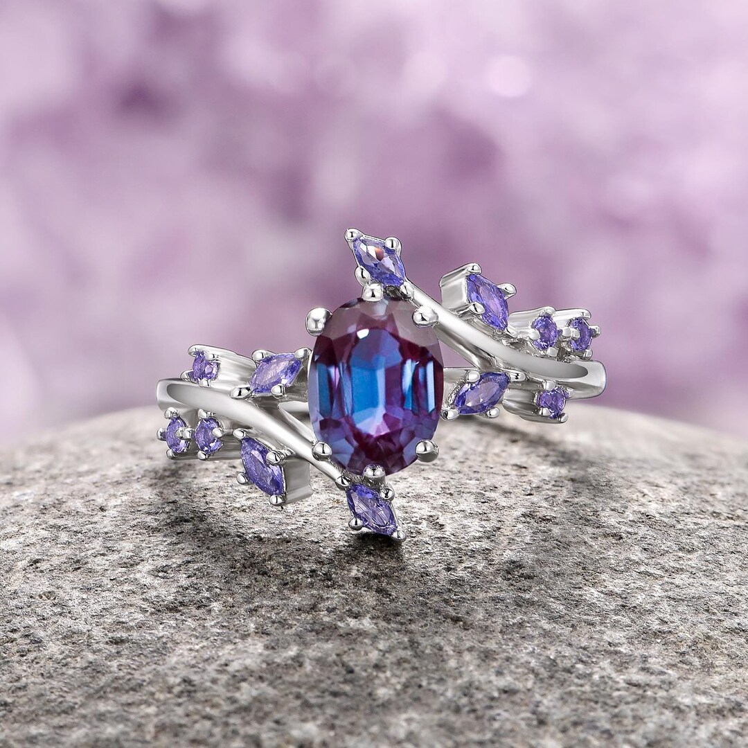 Alexandrite & Sapphire Engagement Ring for Women- 925 Sterling Silver ...
