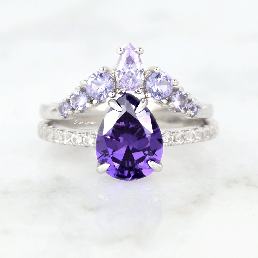 Teardrop Amethyst Ring Set- Sterling Silver Amethyst Engagement Ring ...