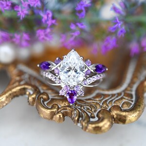 Feyra Amethyst & Diamond Engagement Ring Set- 925 Sterling Silver Leaf ...