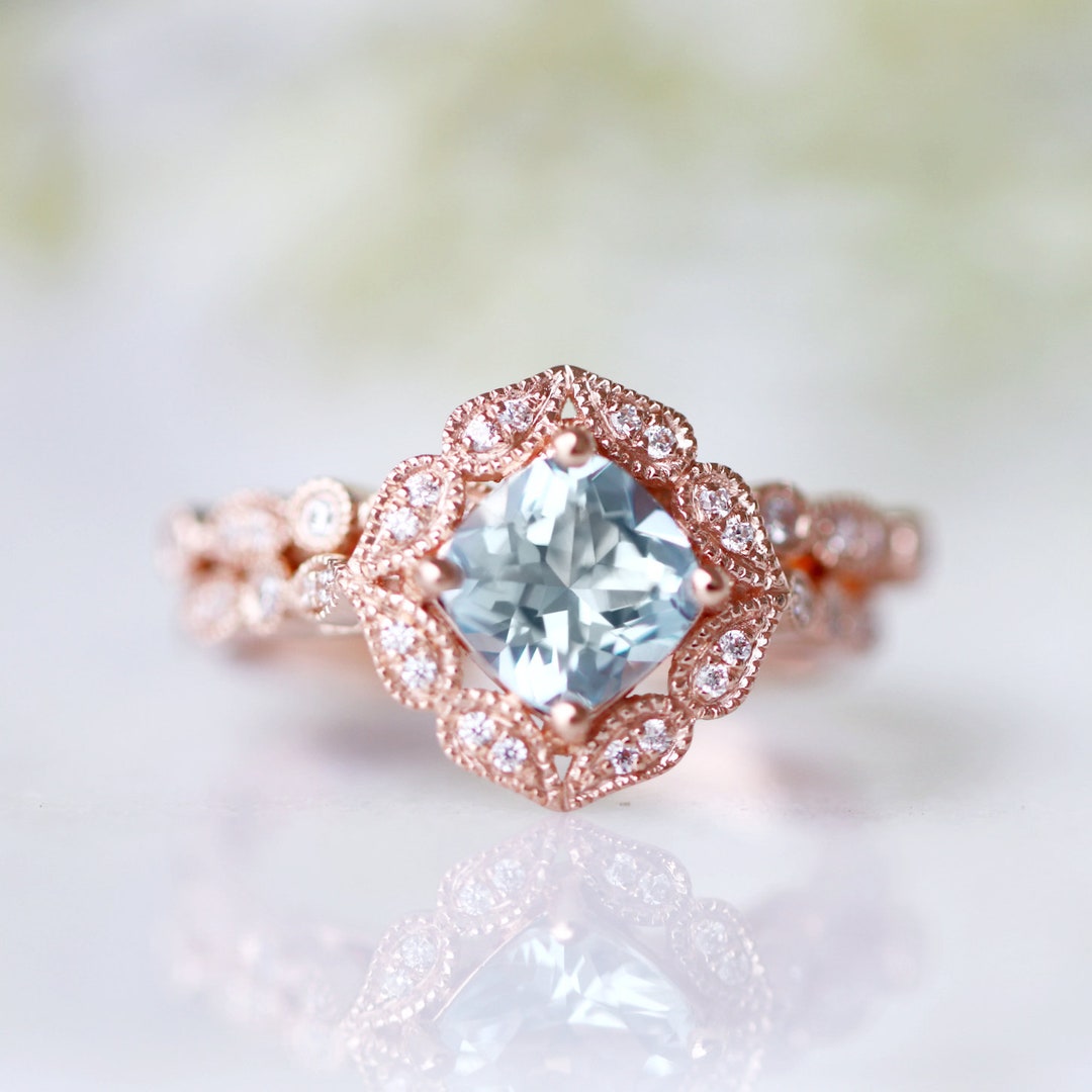 Art Deco Aquamarine Ring Set- 14k Rose Gold Vermeil Ring- Engagement ...