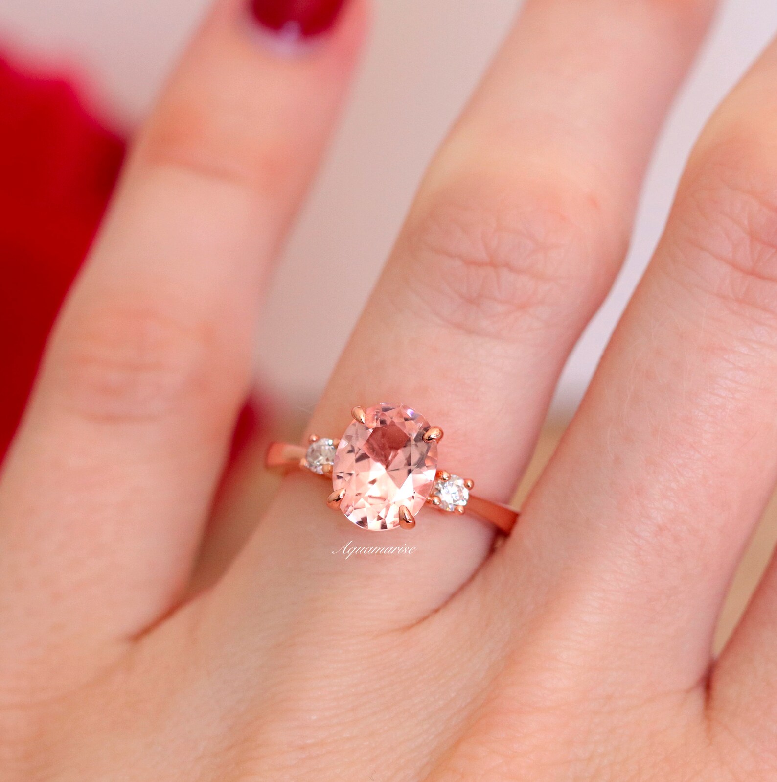 Oval Morganite Ring 14k Rose Gold Vermeil 3 Stone Engagement Etsy