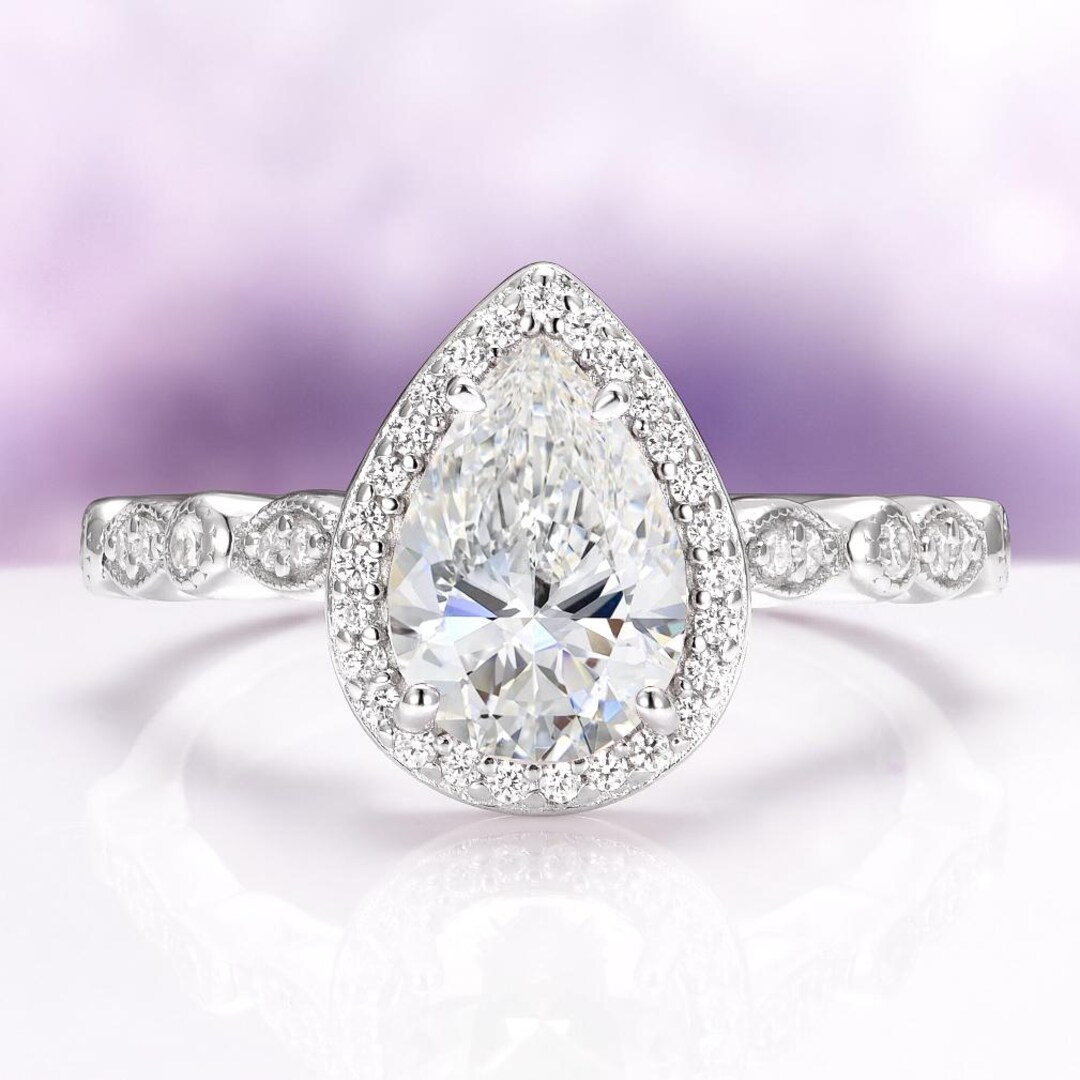 Teardrop Diamond Ring in 925 Sterling Silver- Art Deco Engagement Ring ...