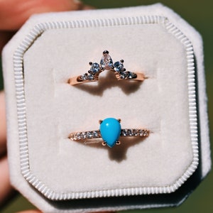 Natural Turquoise Ring Set- 14K Rose Gold Vermeil Teardrop Engagement Rings for Women Vintage ...