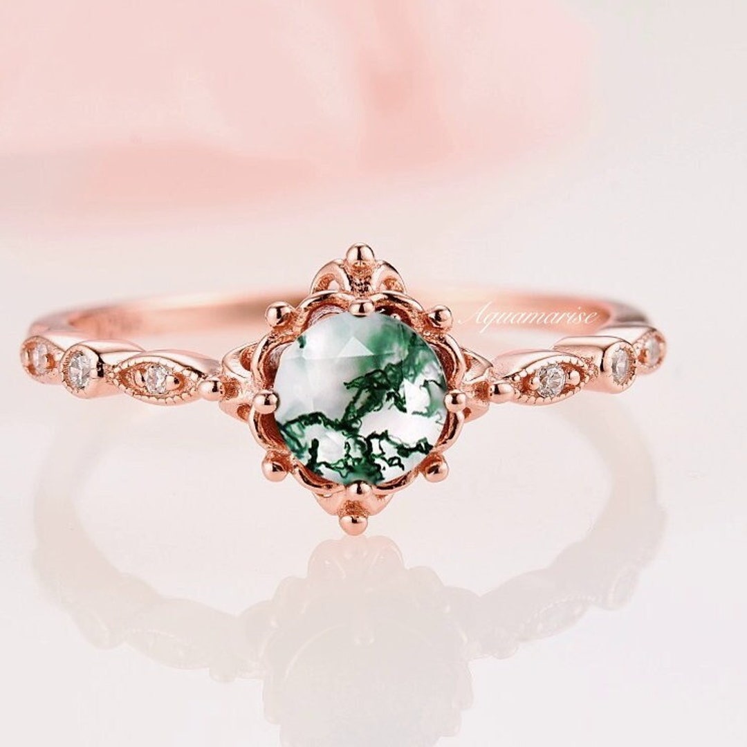 Natural Green Moss Agate Engagement Ring for Women Alternative Bridal ...