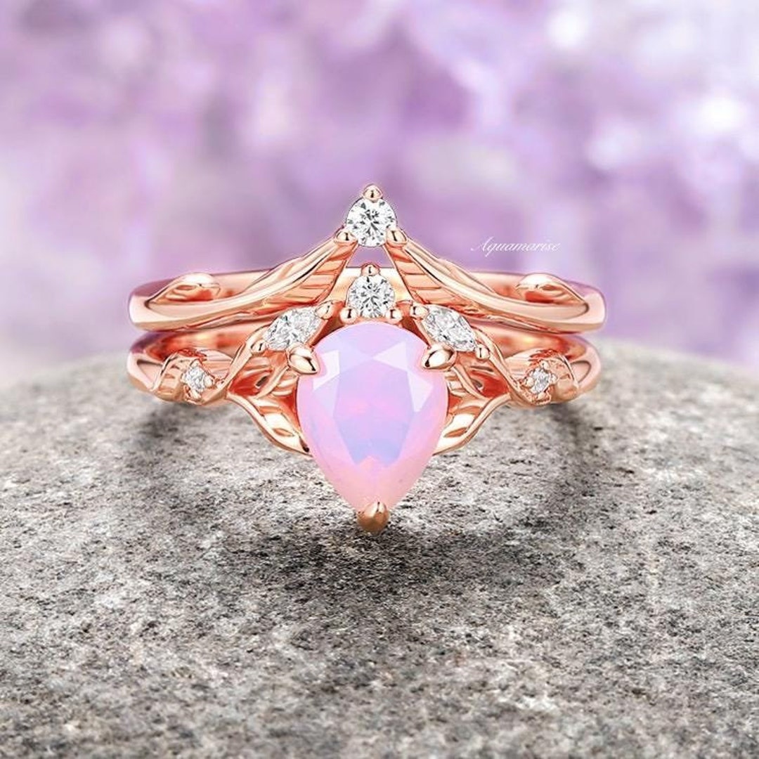 Opalescent Pink Sapphire Ring Set for Women- Unique Leaf Engagement ...