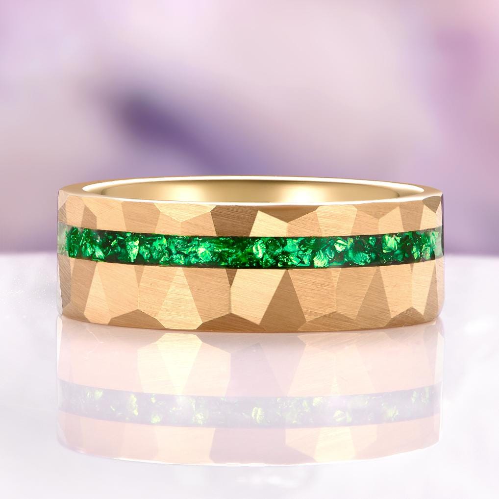 Crushed Emerald Gold Ring- 8mm Tungsten Men's Emerald Wedding Band ...
