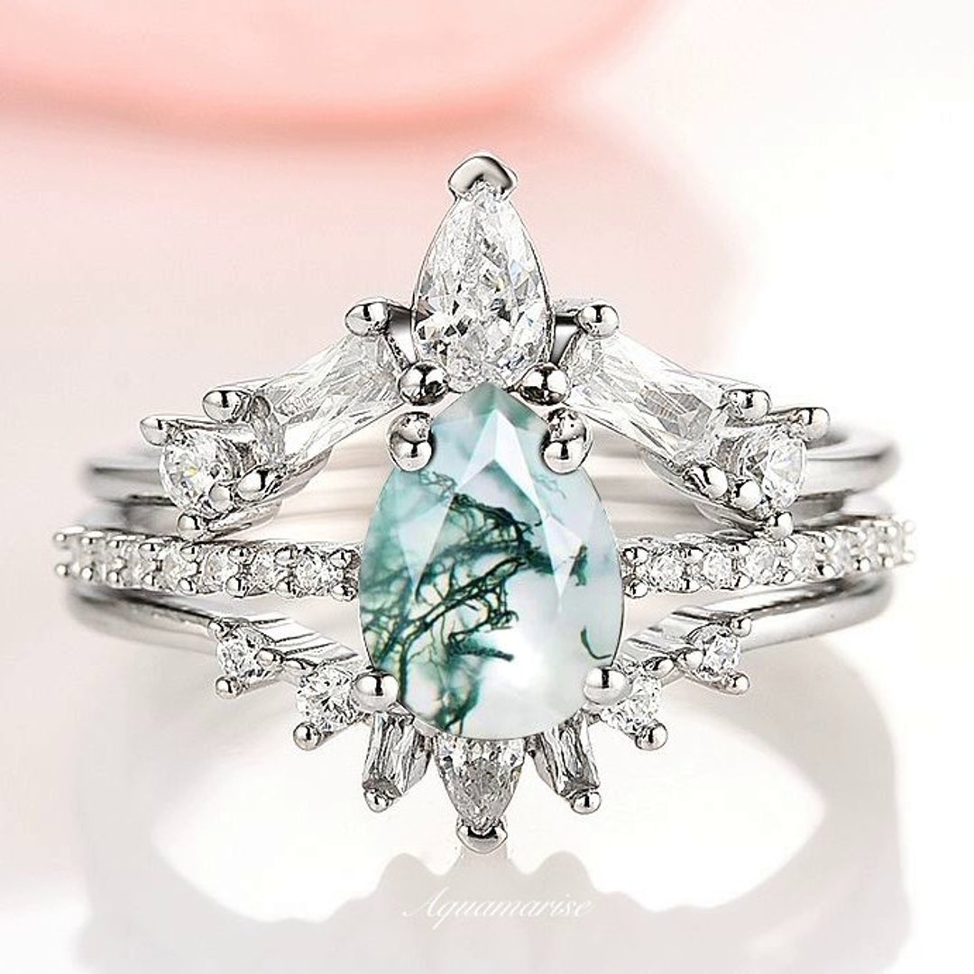 Natural Green Moss Agate Ring Set- Sterling Silver Aquatic Agate Engagement Rings for Women ...