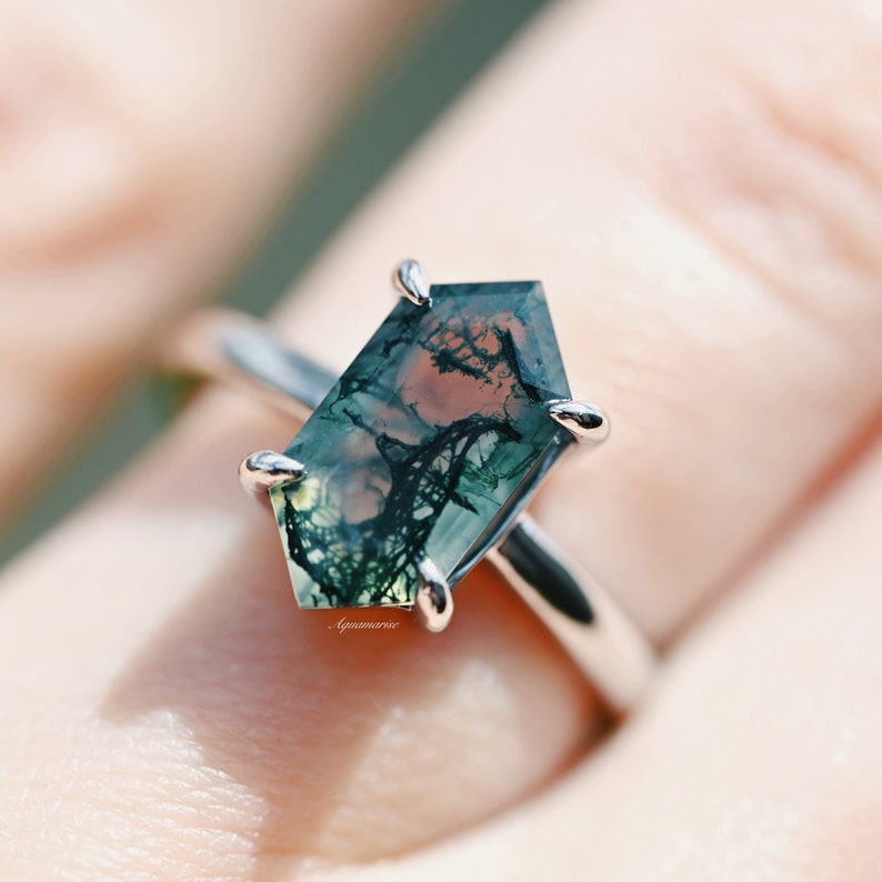 Hexagon Natural Green Moss Agate Ring- Sterling Silver Aquatic Agate ...