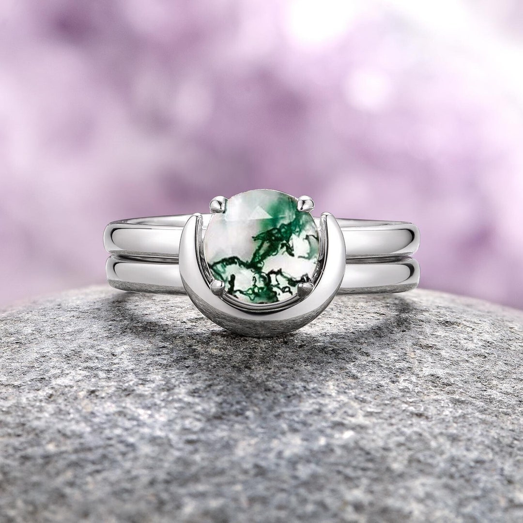 Moss Agate & Crescent Moon Engagement Ring Set- 925 Sterling Silver ...