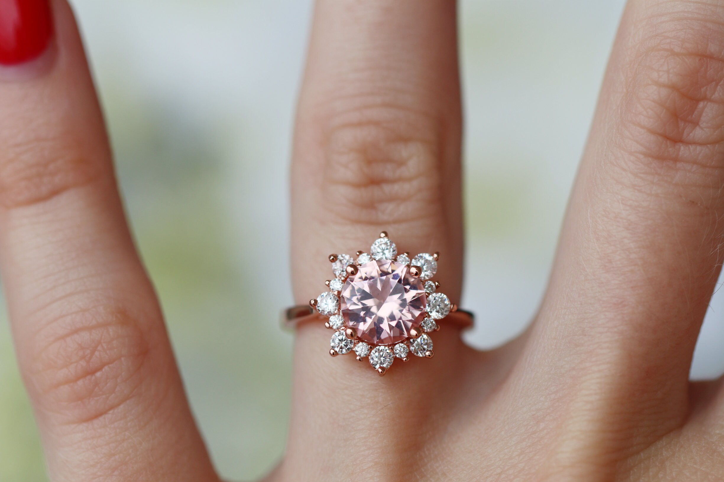 Snowflake Morganite Ring 14K Rose Gold Vermeil Ring Halo | Etsy