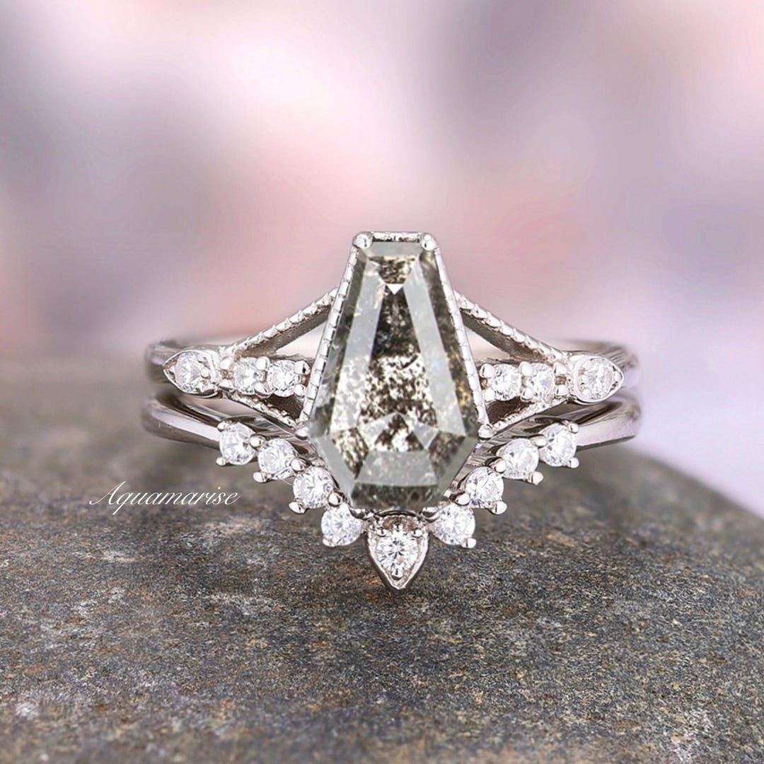 Galaxy Raw Salt and Pepper Diamond Ring- Coffin Cut Natural Herkimer Diamond Engagement Ring ...