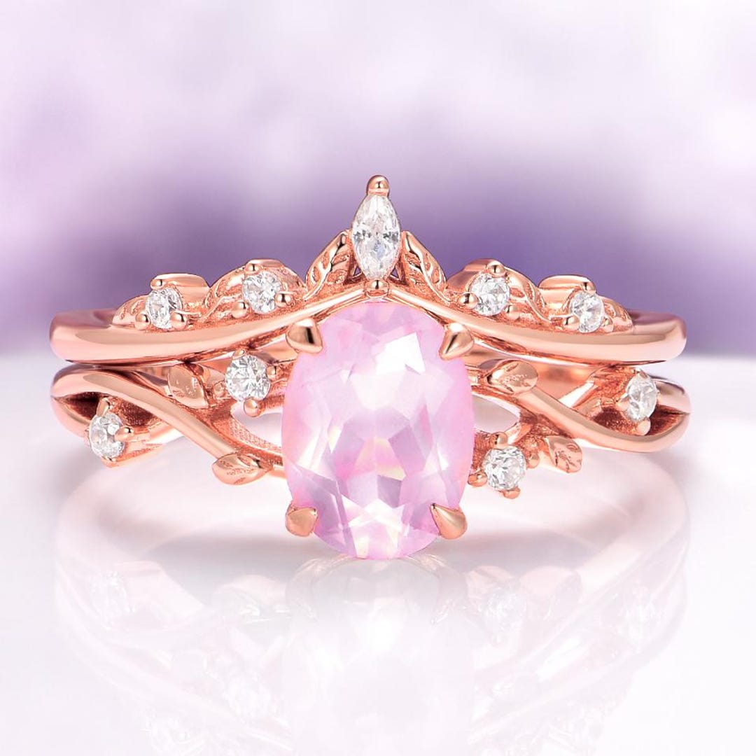 Natural Rose Quartz Ring Set- Leaf Wedding Ring Set 14K Rose Gold ...