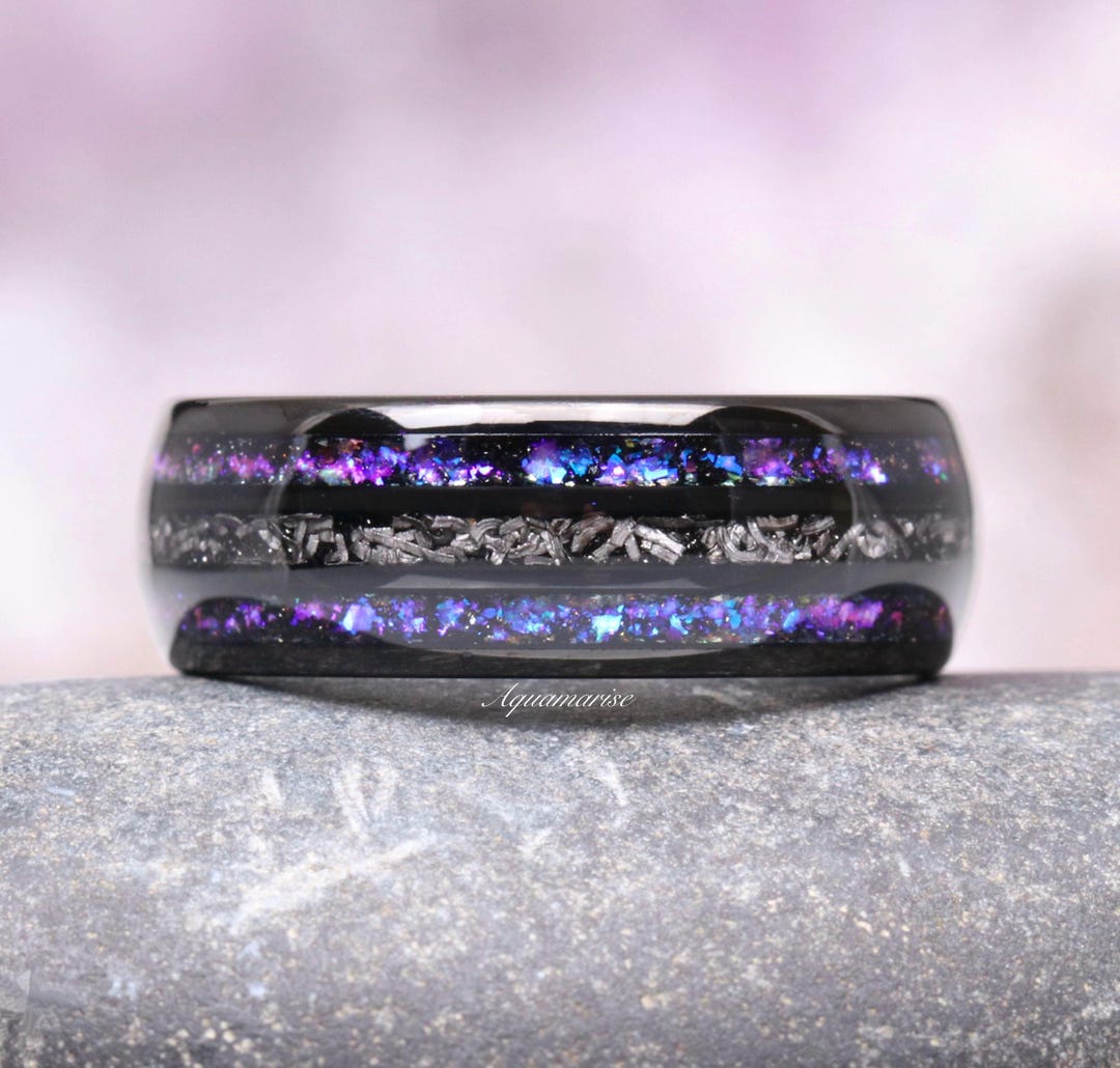 Orion Nebula & Meteorite Men's Wedding Band- Galaxy Crushed Fire Opal ...