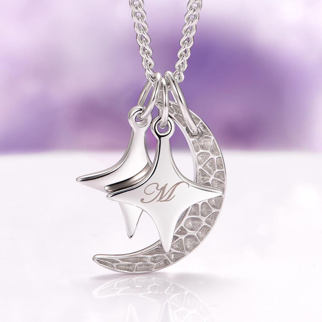 Custom Initial Necklace in 925 Sterling Silver- Moon and Stars Charms ...