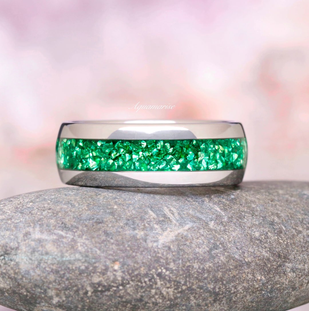 Crushed Emerald Men's Wedding Band- 8mm Silver Unique Tungsten Emerald ...