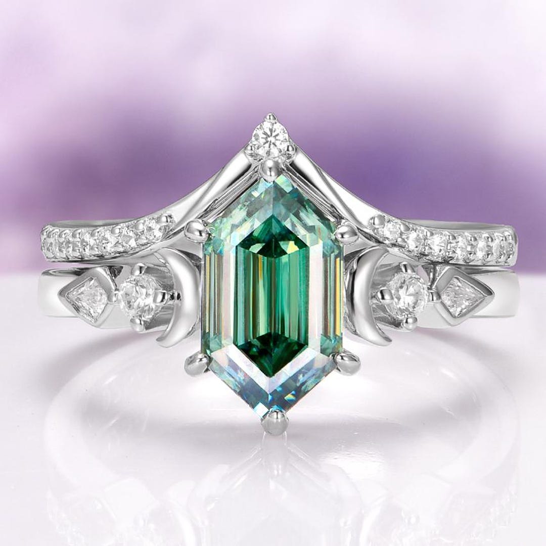 Pacific Green Moissanite Crescent Moon Engagement Ring Set in 925 ...