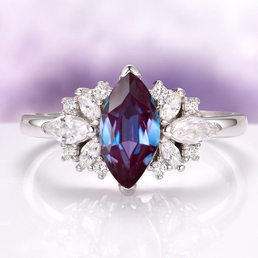 Marquise Alexandrite Engagement Ring in 925 Sterling Silver- Color ...