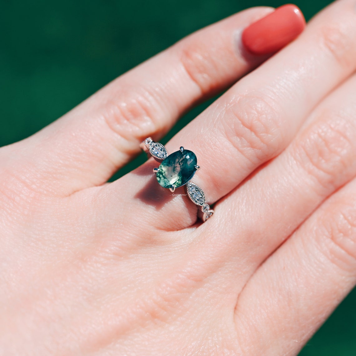 Natural Moss Agate Engagement Ring Oval Vintage Sterling Silver Green ...