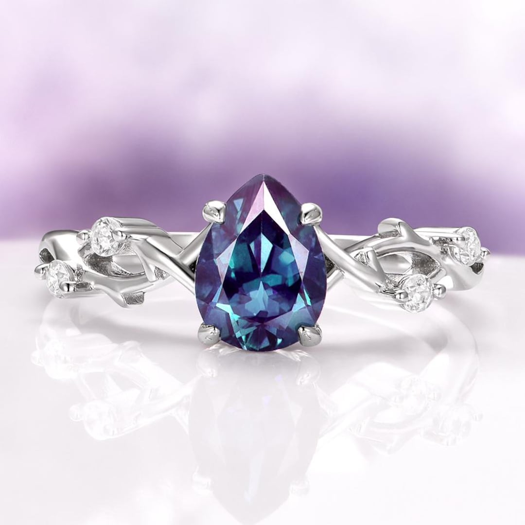 Alexandrite Leaf Engagement Ring for Women- Twig Antique Pear Shaped ...