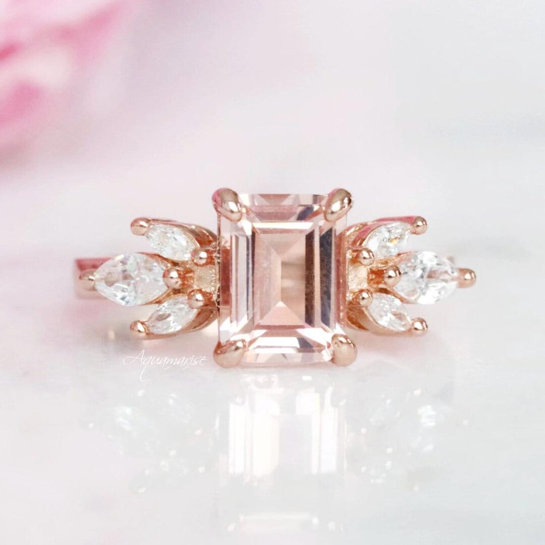Eva Morganite Ring- 14K Rose Gold Vermeil Emerald Cut Peachy Pink ...