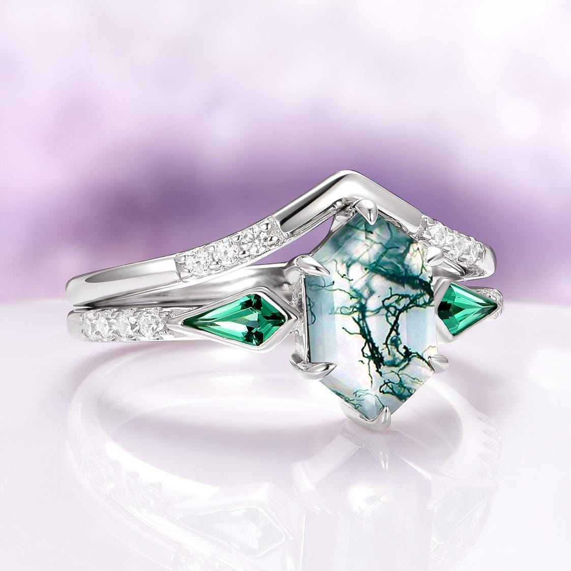 Northern Lights Woodland Couples Ring Set- Starry Night, Emerald, Moss ...