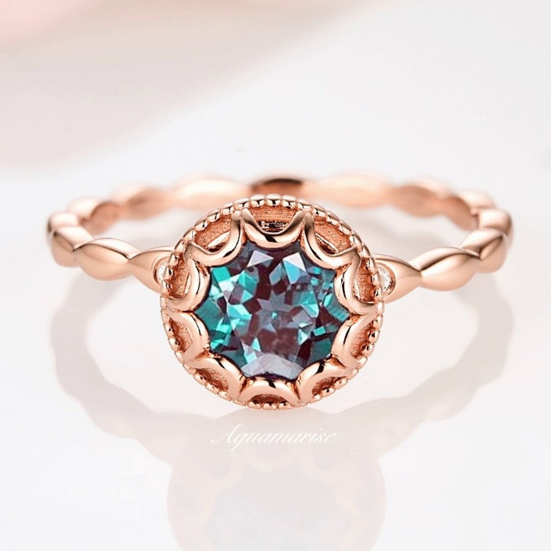 Vintage Alexandrite Engagement Ring for Women- 14K Rose Gold Vermeil ...
