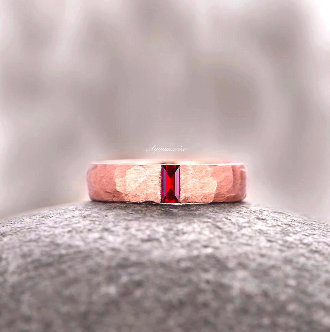 Natural Garnet Men's Wedding Band- 14K Rose Gold Vermeil Hammered Ring ...