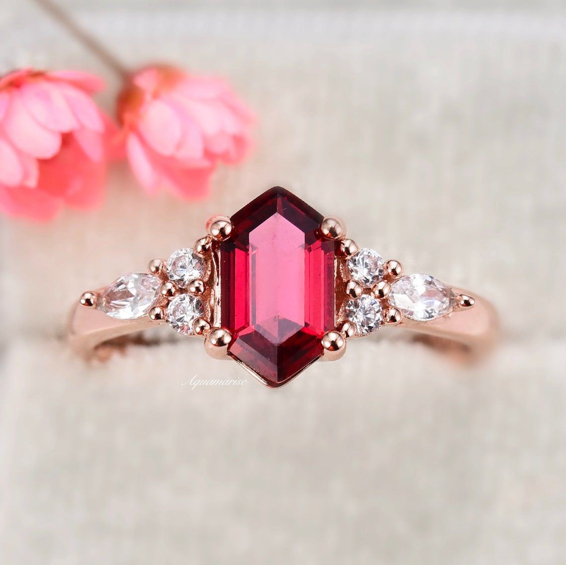 Hexagon Ruby Ring 14K Rose Gold Vermeil Gemstone Engagement - Etsy