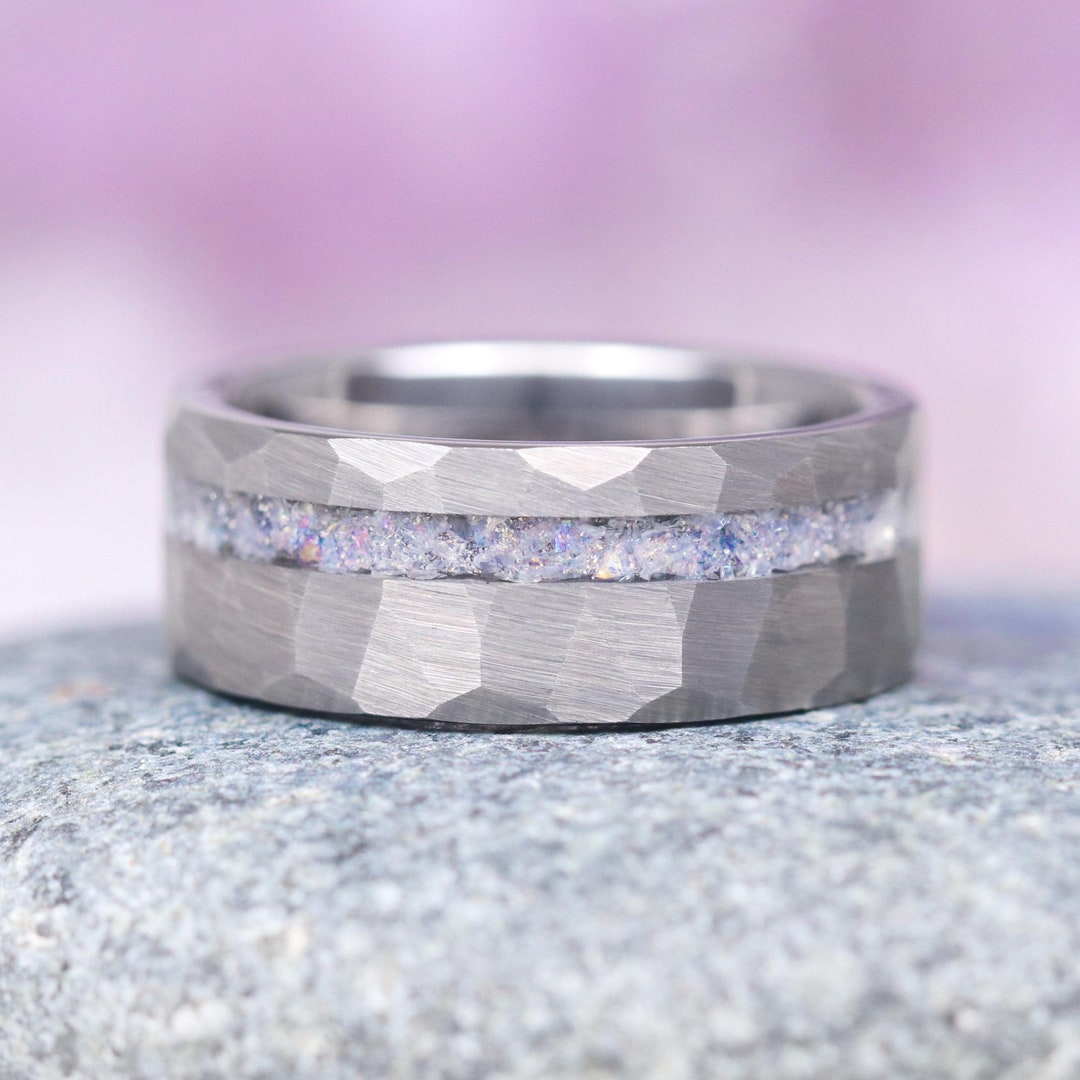 Crushed Moonstone Wedding Band - 8mm Hammered Tungsten Comfort-fit Ring ...