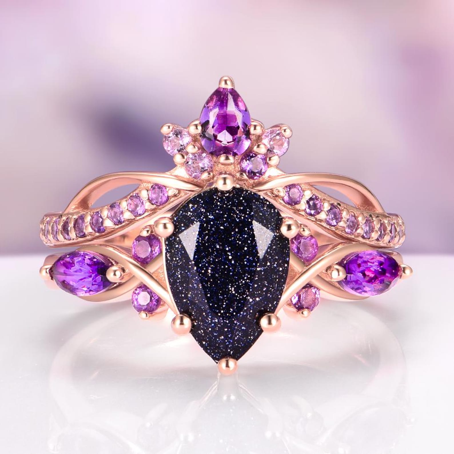 Feyra Starry Night & Amethyst Engagement Ring Set- 14K Rose Gold ...