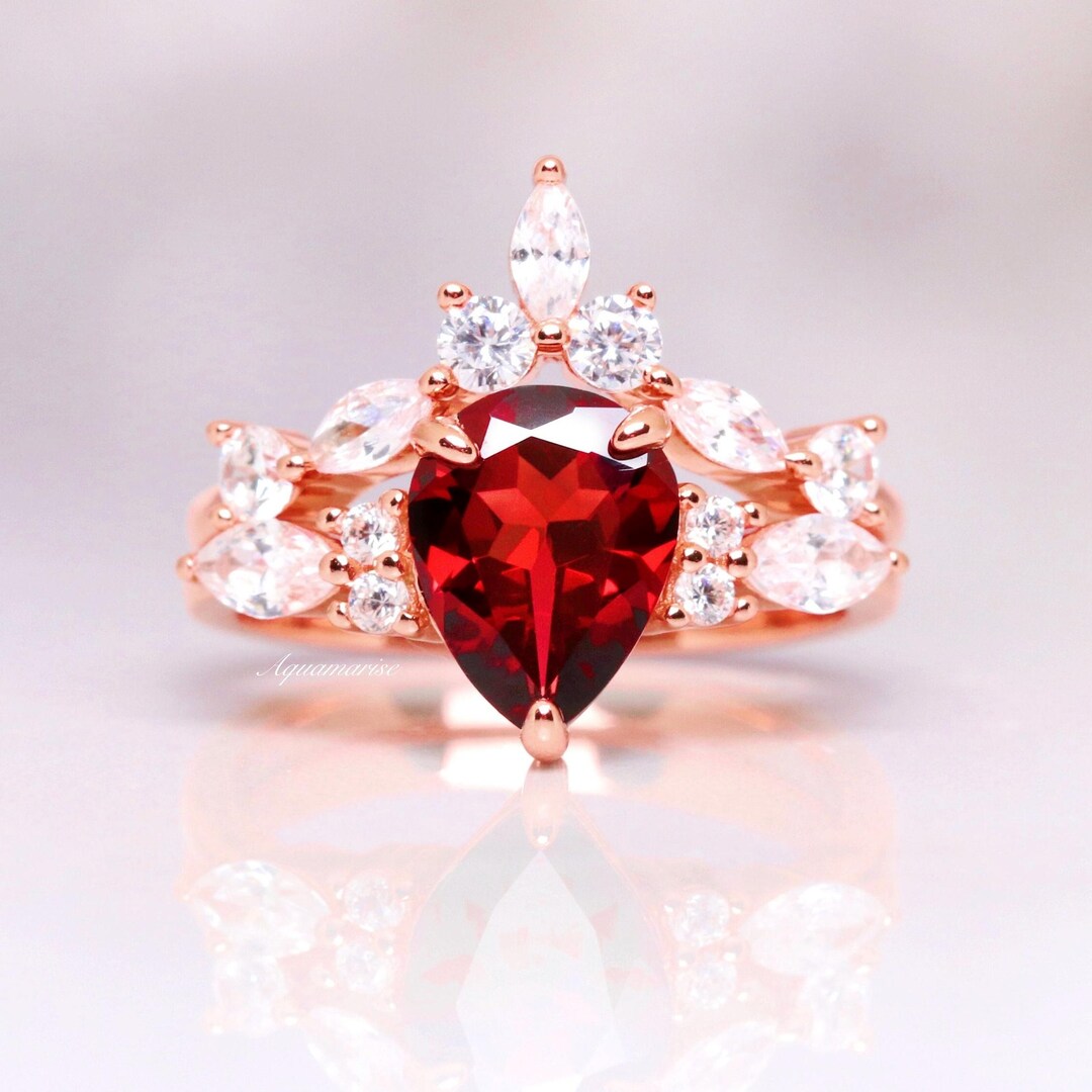 Natural Red Garnet Ring Set for Woman- 14K Rose Gold Vermeil Red ...