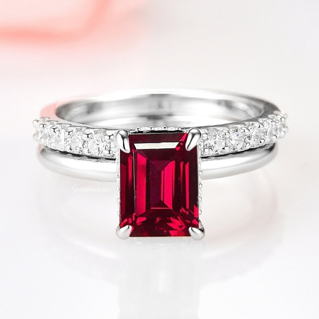 Raspberry Tourmaline Ring Set Red Gemstone Bridal Engagement Ring for Women Hidden Halo Emerald ...