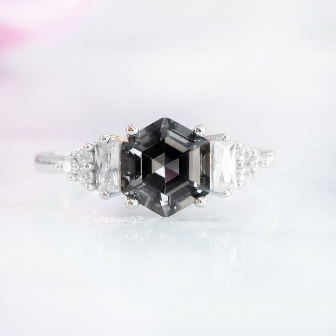 Gray Diamond Ring- Sterling Silver Ring- Hexagon Gray Gemstone ...