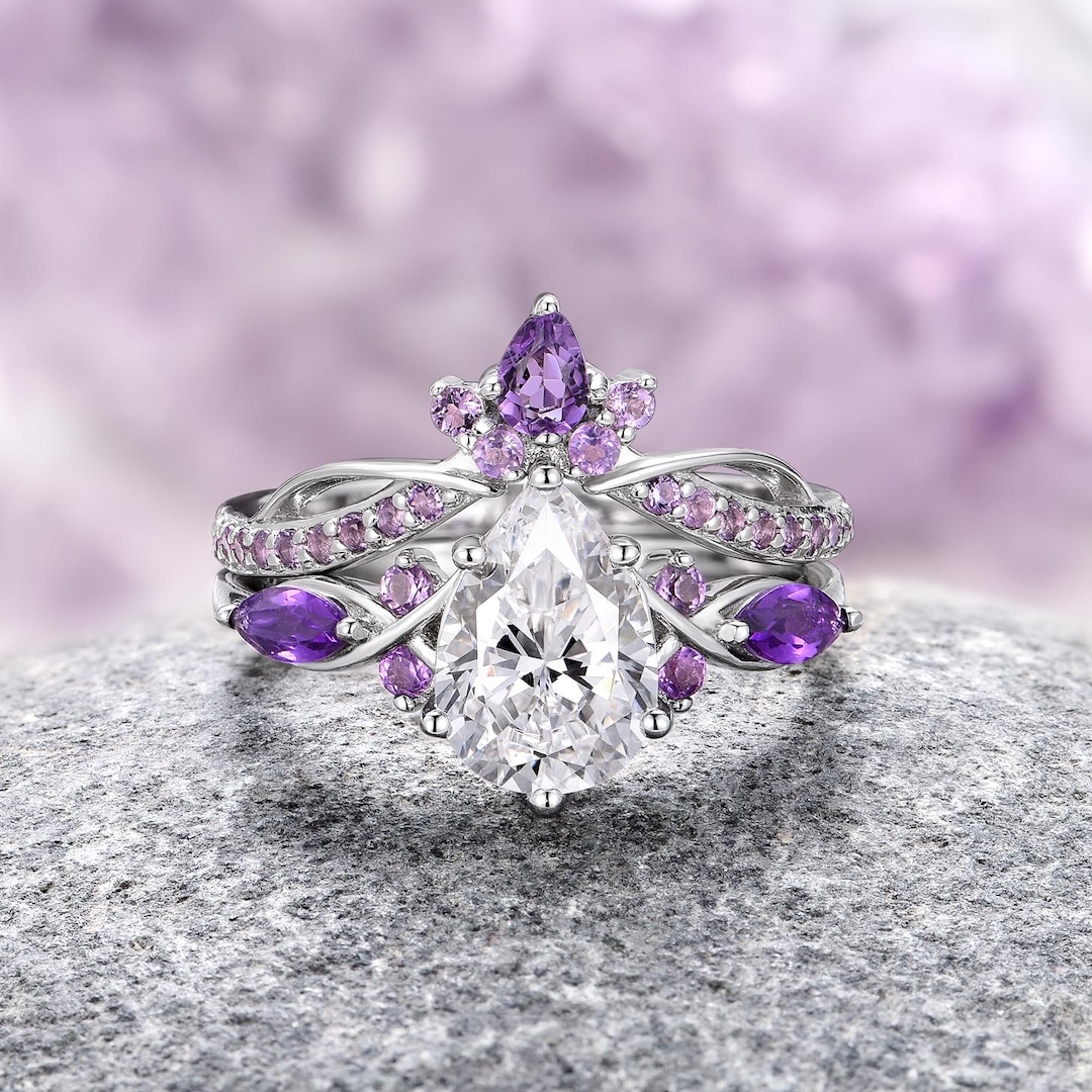 Feyra Amethyst & Diamond Engagement Ring Set- 925 Sterling Silver Leaf ...