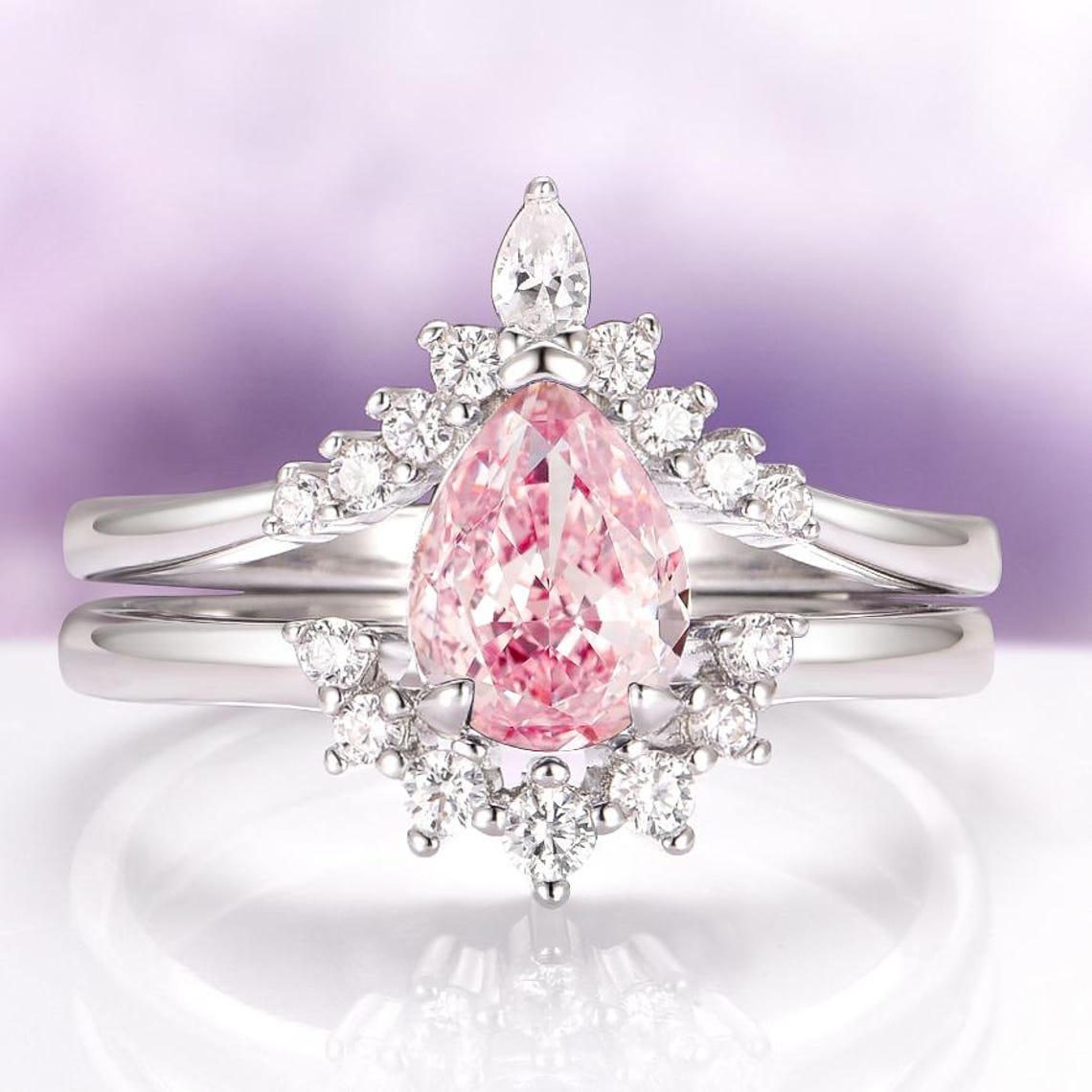 Teardrop Pink Tourmaline Ring Set- Sterling Silver Unique Engagement ...