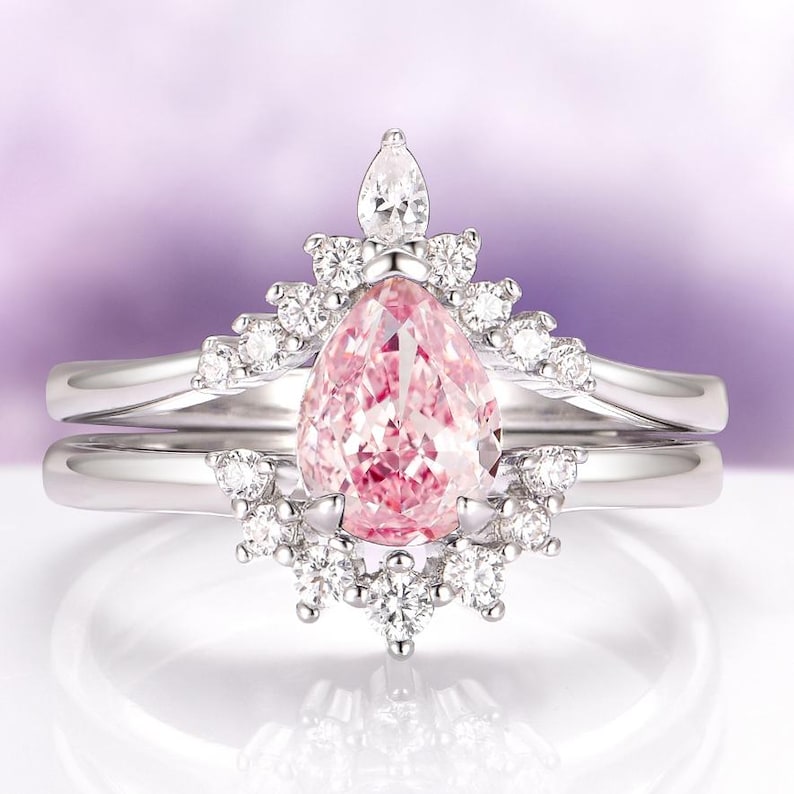 Teardrop Pink Tourmaline Ring Set- Sterling Silver Unique Engagement ...