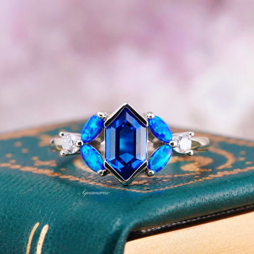 Blue Fire Opal & Sapphire Engagement Ring for Women- 925 Sterling ...