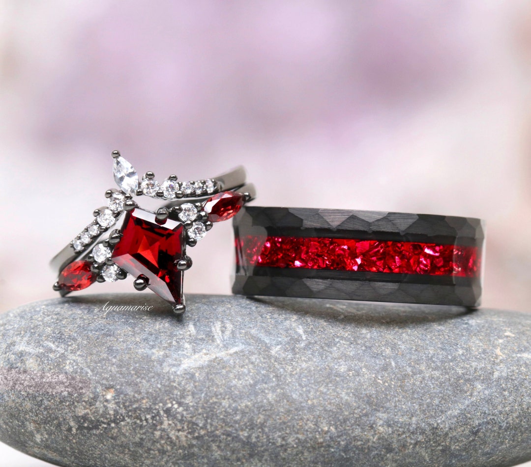 Skye Natural Red Garnet Couples Ring Set- His and Hers Matching Wedding ...