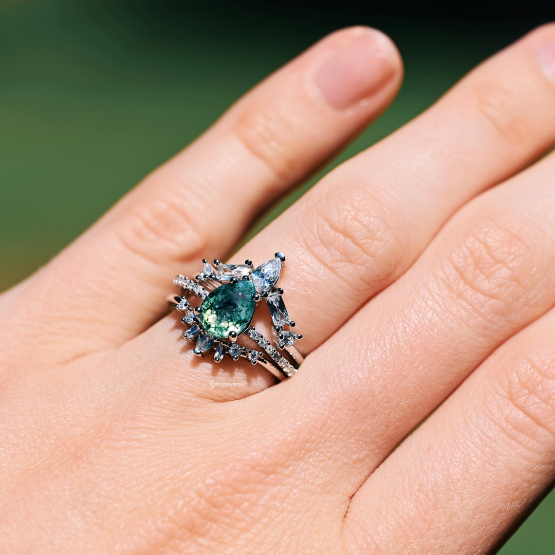 Natural Green Moss Agate Ring Set Sterling Silver Aquatic - Etsy