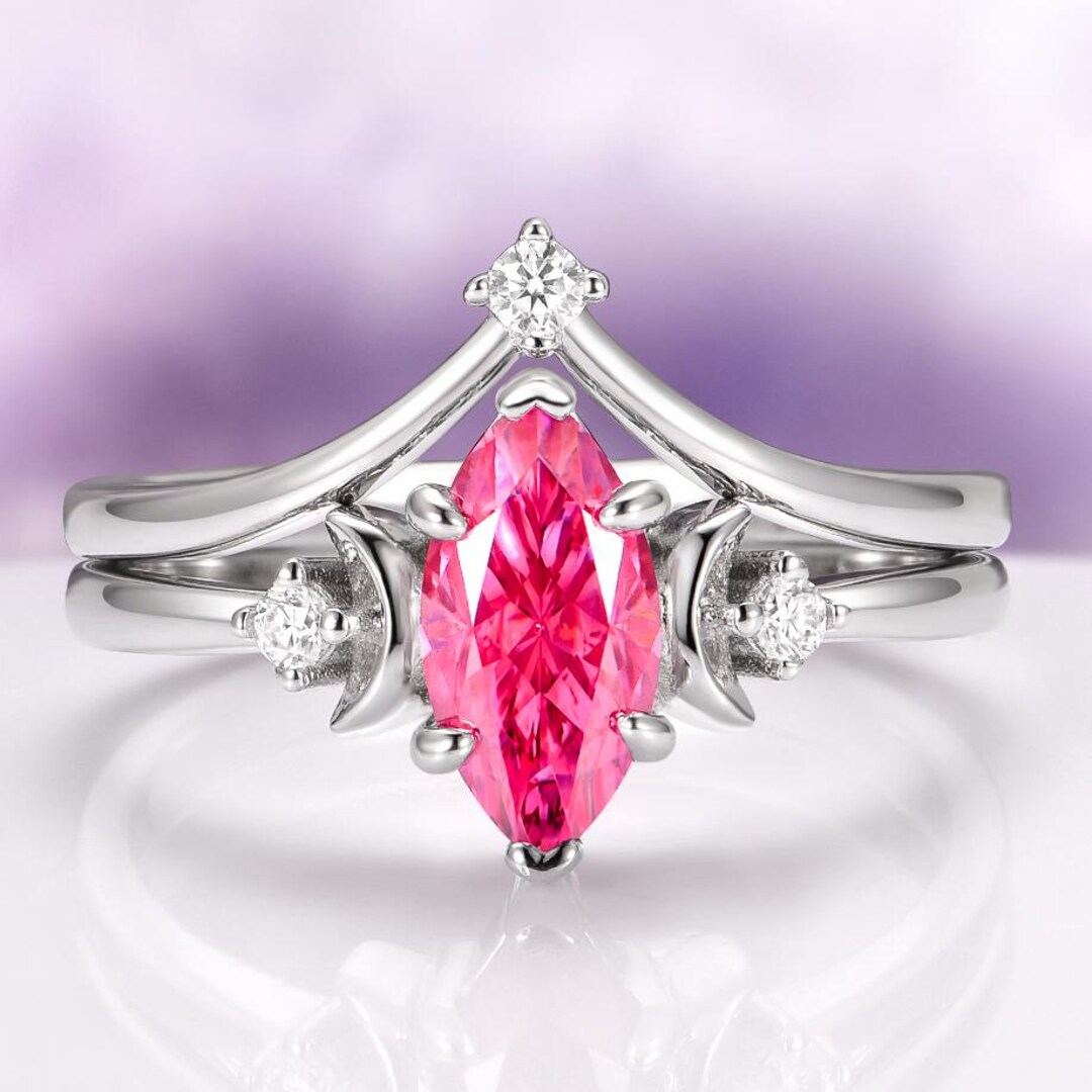 Pink Moissanite Engagement Ring Set, Celestial Moon Bridal Ring ...